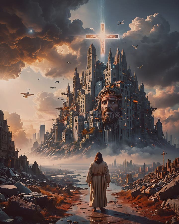 Fantasy Scene with a Man in a Suit and a Cross. Stock Illustration ...