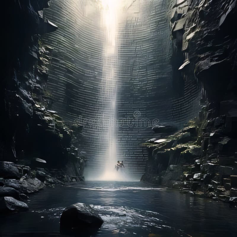 Fantasy Scene with a Man and a Waterfall. 3d Rendering Stock ...