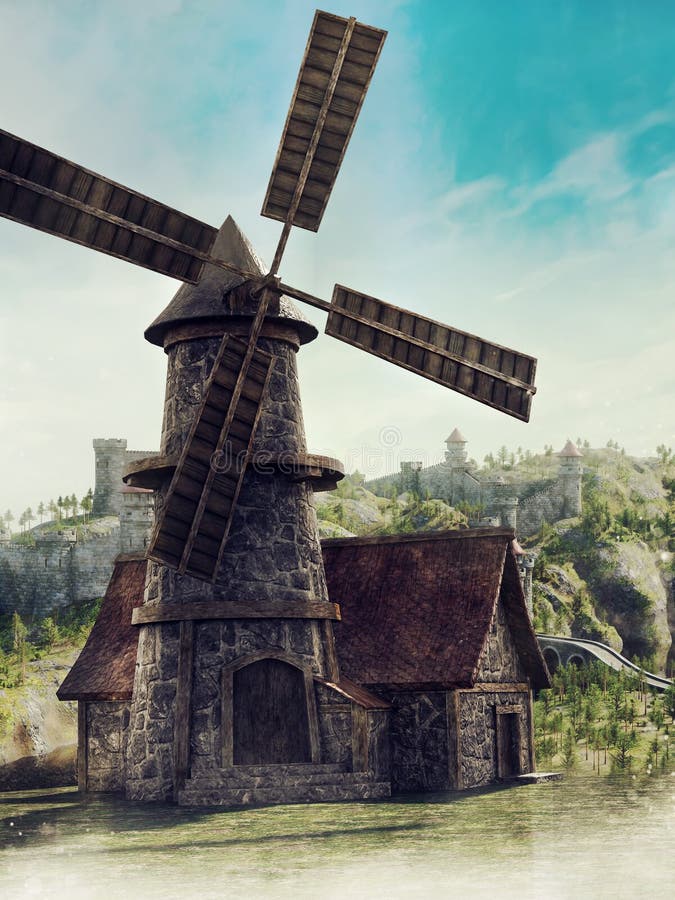 Medieval Windmill with a Castle in the Background Stock Illustration - Illustration of castle ...