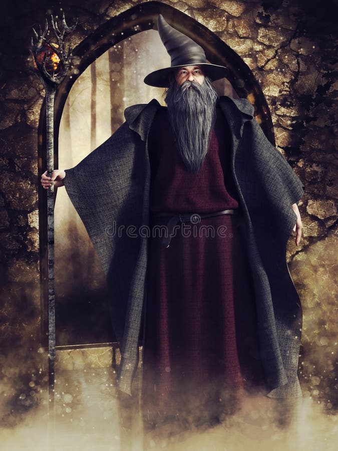 Old Wizard in Front of a Stone Gate Stock Illustration - Illustration ...