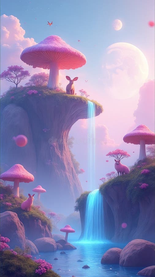 Fantasy Scene with a Pink Moon and a Pink Waterfall Stock Illustration ...