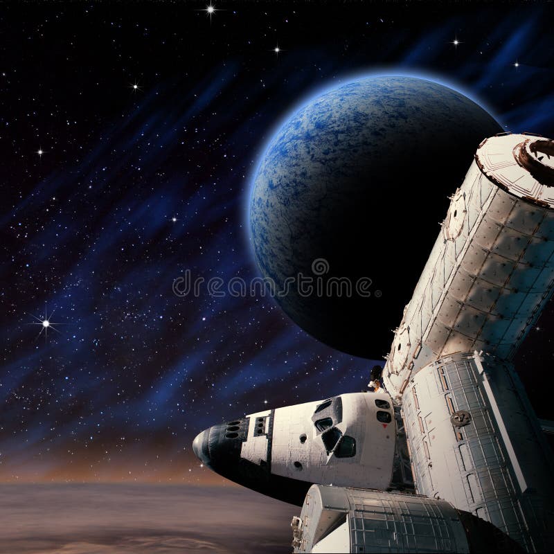 Fantasy Scene of Shuttle- Space Station Near Alien Planet Stock ...