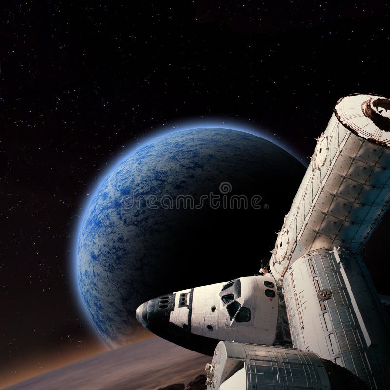 Fantasy Scene of Shuttle- Space Station Near Alien Planet Stock ...
