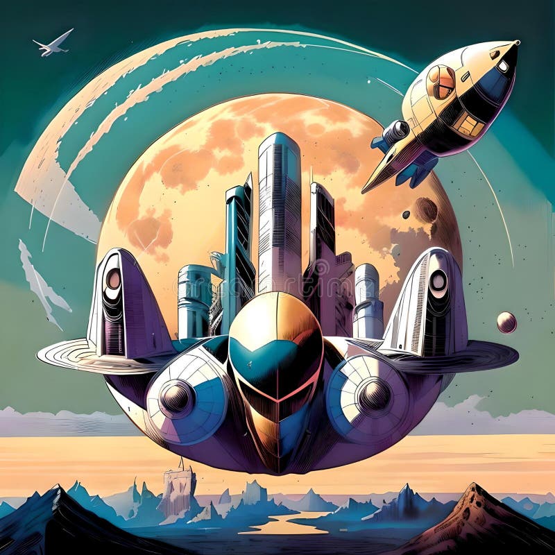 A Fantasy Scene of Space and Rockets Stock Illustration - Illustration ...