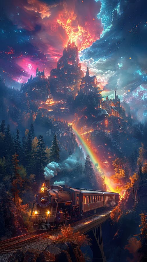Fantasy Scene with a Train Chugging Along a Brilliant Rainbow ...
