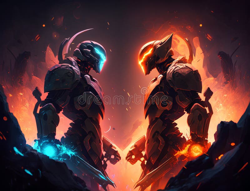 Fantasy Scene with Two Knights Fighting in Fire, 3d Illustration Stock ...