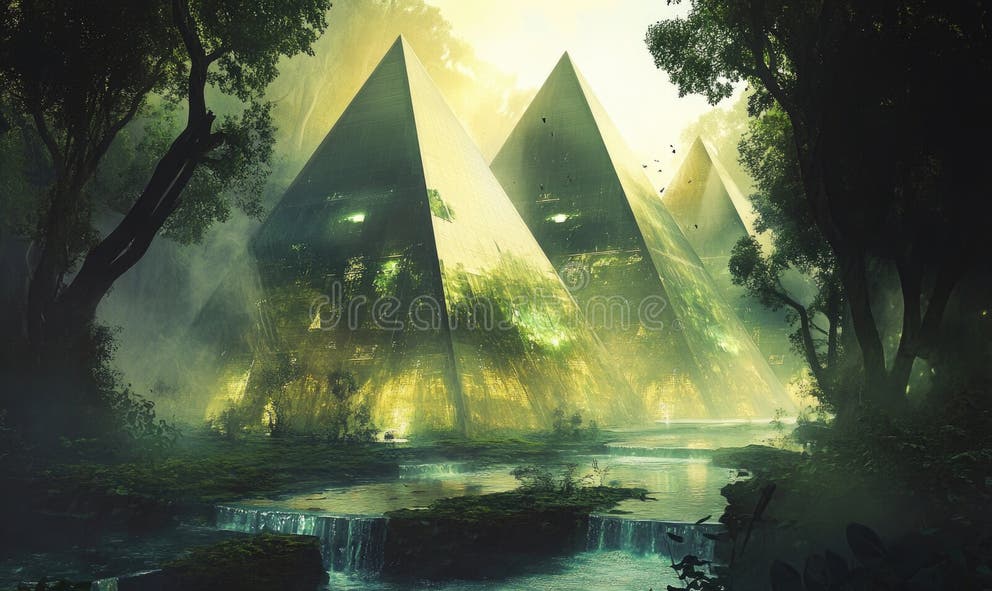 A Fantasy Scene with Two Pyramids and a River Stock Illustration ...