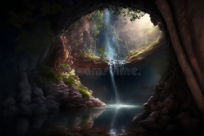 Fantasy Scene with Waterfall and Cave in the Forest. 3d Rendering Stock ...