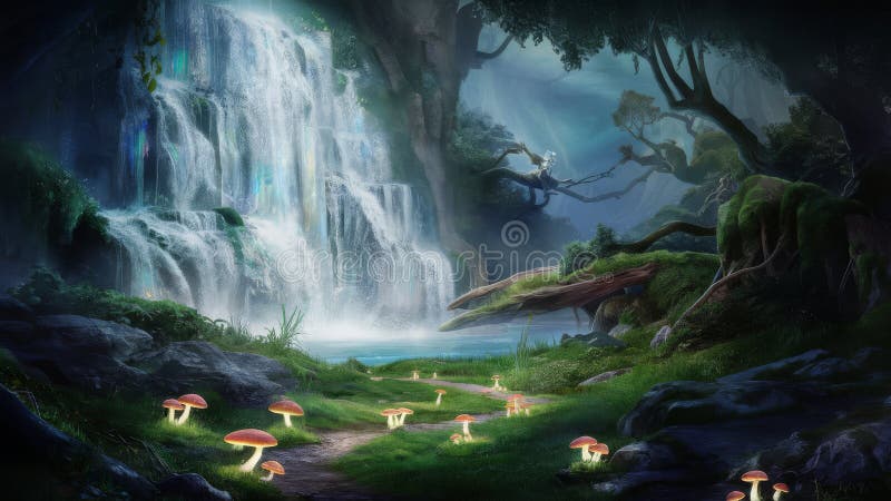 A Fantasy Scene with a Waterfall and a Forest Stock Photo - Image of ...