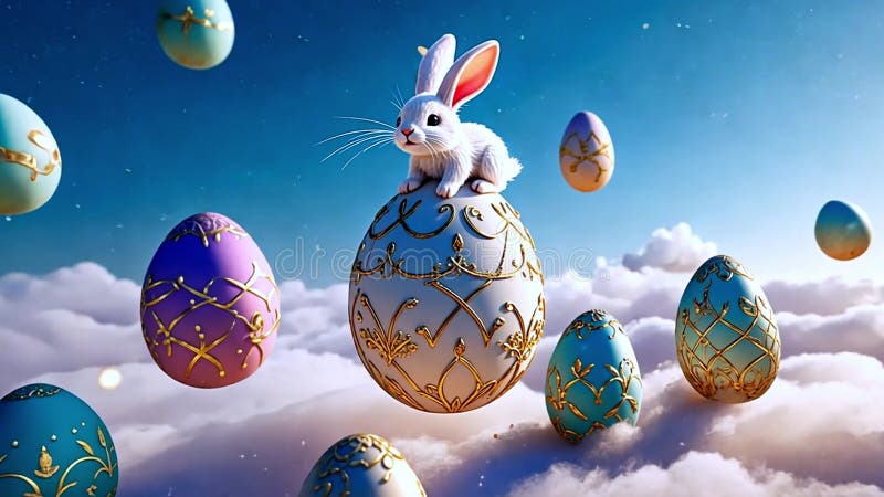 Fantasy Scene with White Rabbit on Ornate Easter Egg in Cloudy Sky ...