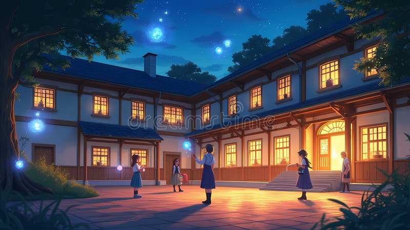 Fantasy School Courtyard at Twilight with Floating Magical Orbs Stock ...