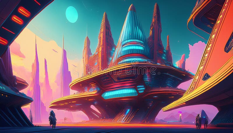 Fantasy sci-fi city stock illustration. Illustration of rounded - 369880126