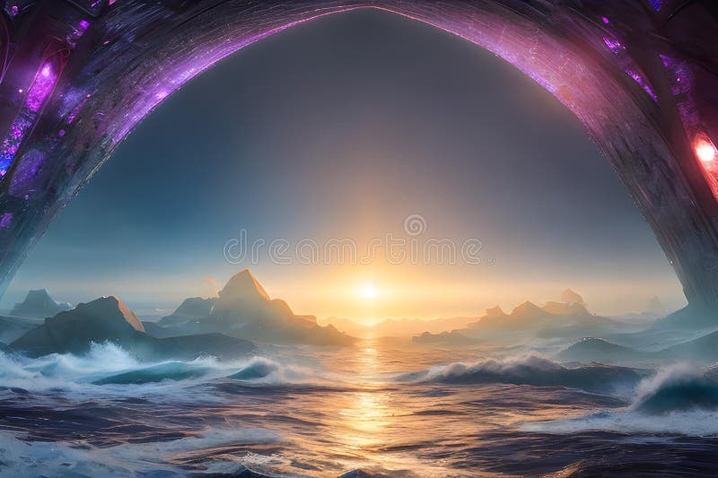 Fantasy Sci-fi Dreamland Illustration of Sunset Over the Ocean Stock ...