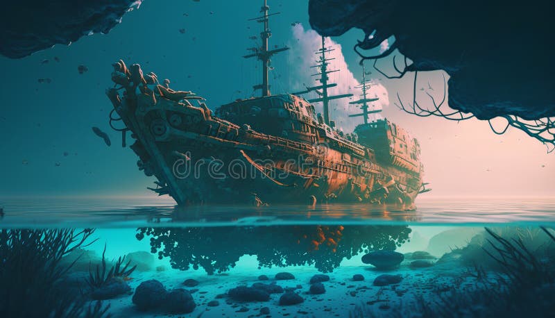 Fantasy Sea Landscape with a Shipwreck. 3D Illustration Stock ...