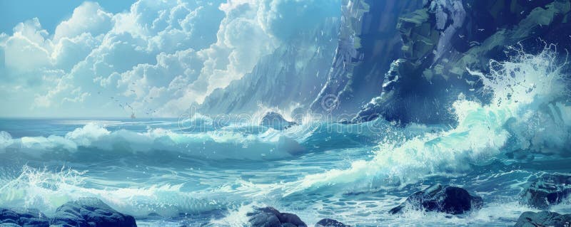 Fantasy Seascape with Crashing Waves and Cliffs Stock Image - Image of ...