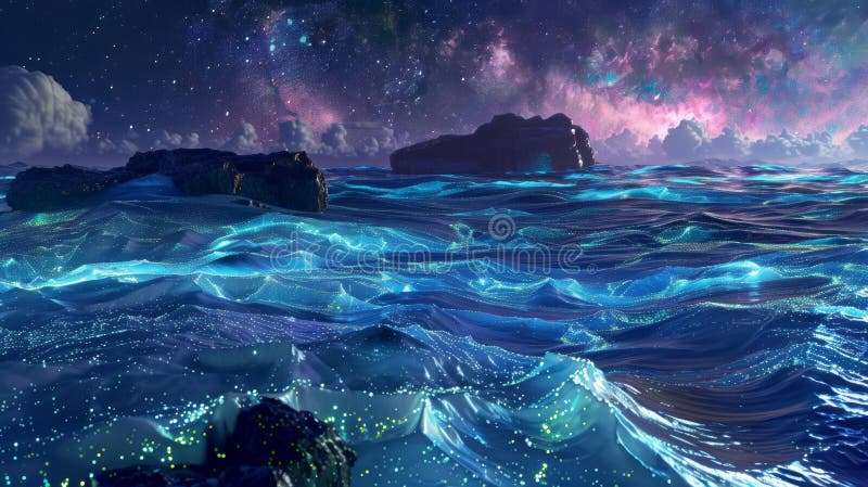 Fantasy Seascape with Glowing Waves and Nebula Sky Stock Photo - Image ...