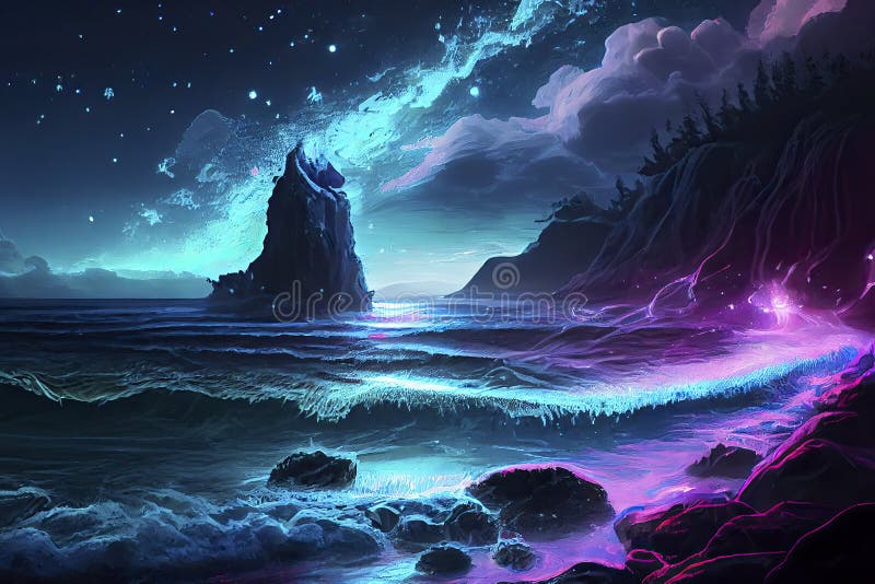 Fantasy Seascape, Neon Colors, Magic Lights on the Water Stock ...