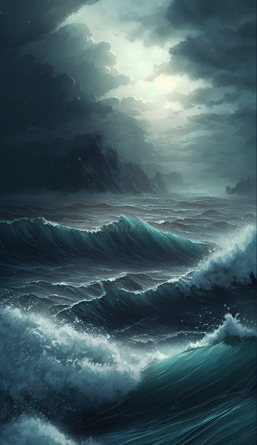 Fantasy Seascape with Sea Waves and Moon. Vector Illustration Stock ...