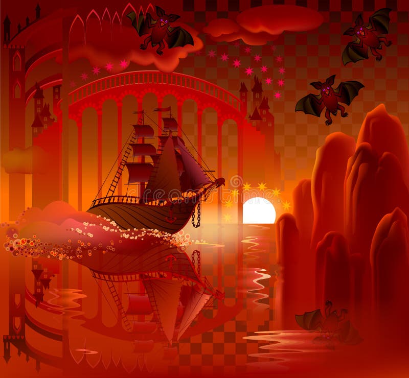 Fantasy Ship with White Sails Stock Illustration - Illustration of sail ...