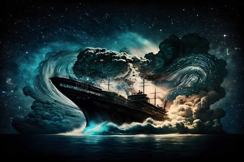 Fantasy Ship in Glowing Waves. Neural Network AI Generated Stock ...