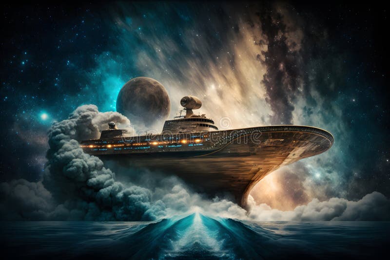 Fantasy Ship in Glowing Waves. Neural Network AI Generated Stock ...