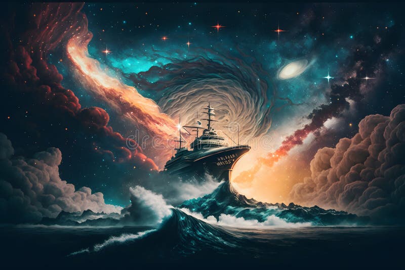 Fantasy Ship in Glowing Waves. Neural Network AI Generated Stock ...