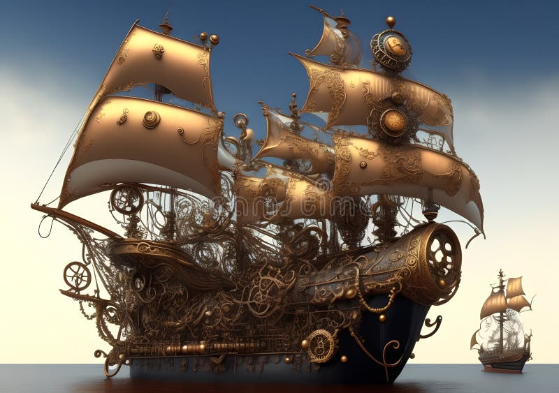 Fantasy Ship in Steampunk Style, Generative AI Illustration Stock ...