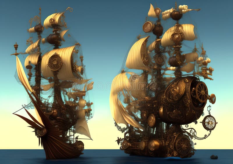 Fantasy Ship in Steampunk Style, Generative AI Illustration Stock ...