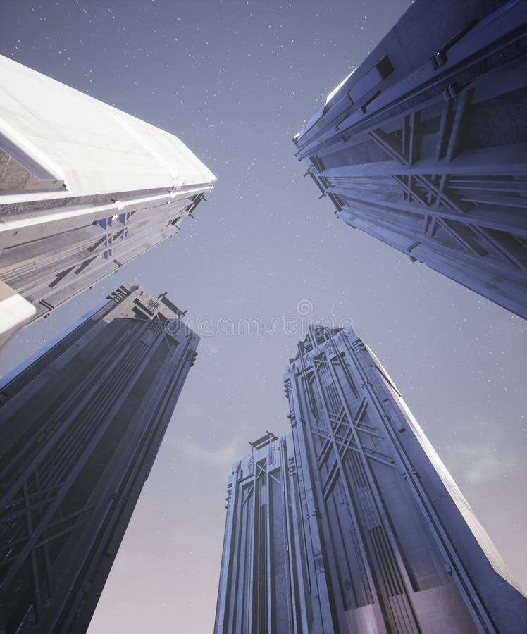 A Fantasy Sky View Background of Rooftops in a Starry Sky. 3D Rendered ...