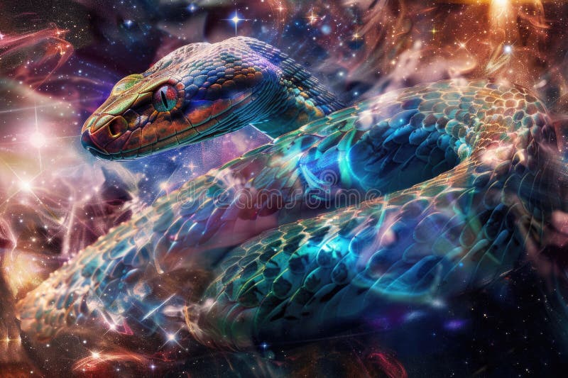 Fantasy Snake Glowing with Neon Lights Against a Cosmic Space ...