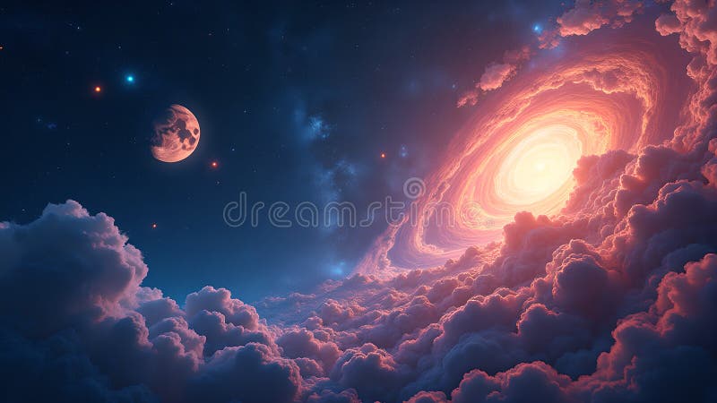 Fantasy Space Cloudscape with Nebula and Moon. Concept of Cosmic Wonder ...