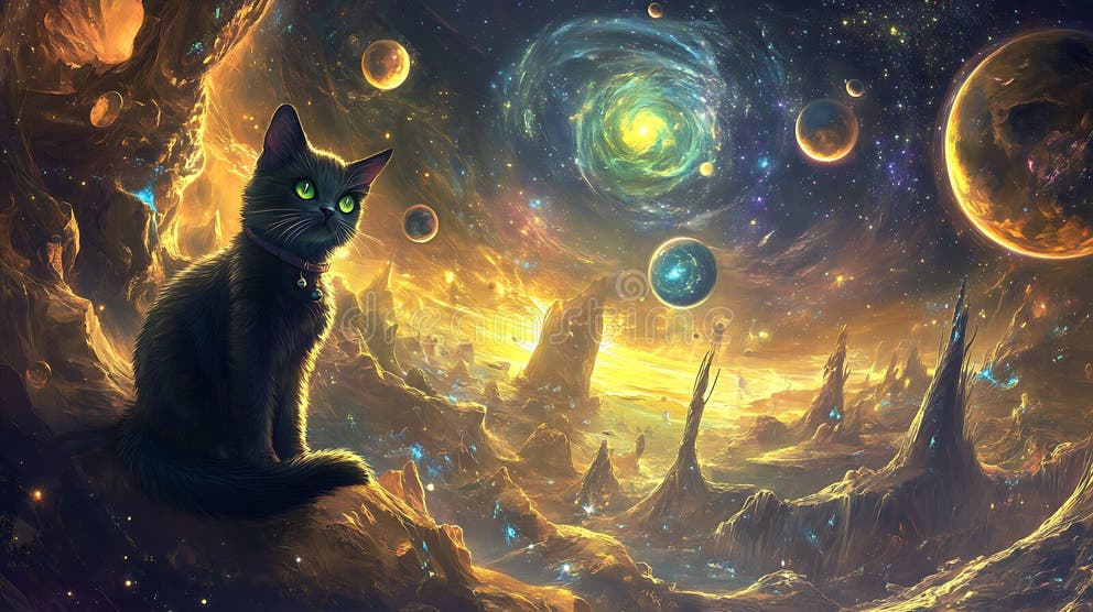 Fantasy Space Scene with a Cat and Planets in the Background Stock ...