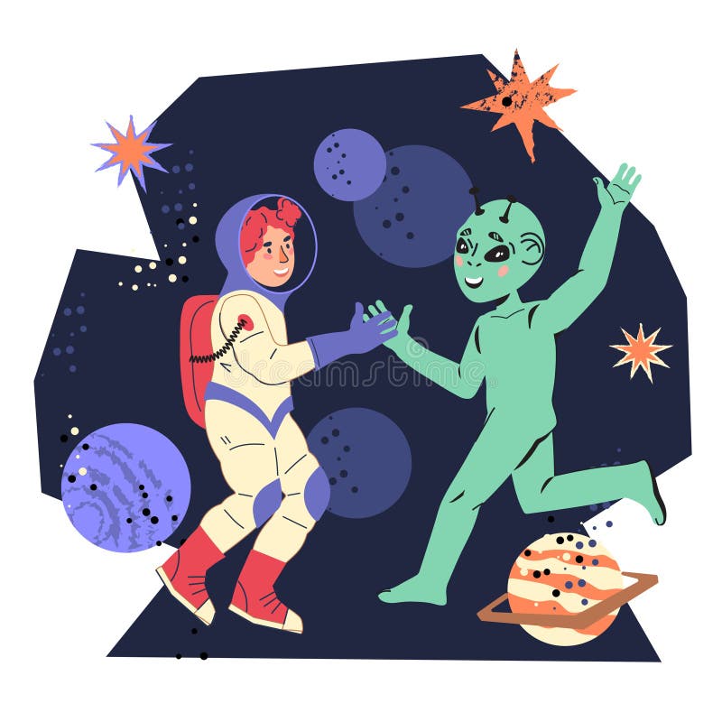 Fantasy Space Theme Banner with Child Cosmonaut Meeting Alien, Vector ... Fantasy Space Theme Banner with Child Cosmonaut Meeting Alien, Vector ...