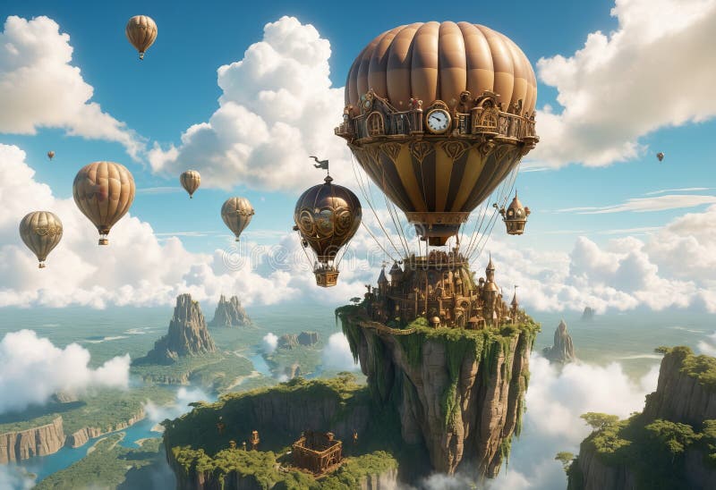 Fantasy Steampunk Floating Island Balloon Stock Illustration ...