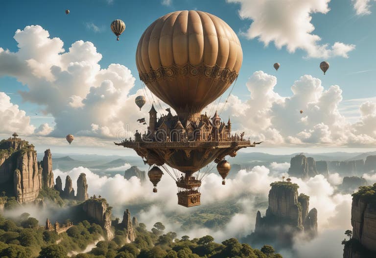 Fantasy Steampunk Floating Island Balloon Stock Illustration ...