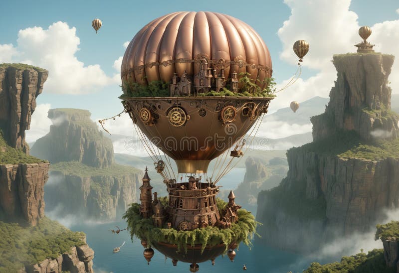 Fantasy Steampunk Floating Island Balloon Stock Illustration ...