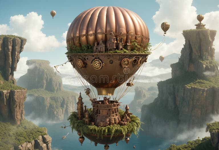 Fantasy Steampunk Floating Island Balloon Stock Illustration ...