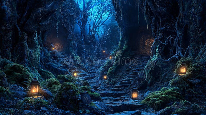 In Fantasy, a Stone Dungeon Cave is Illuminated by Glowing Lanterns ...