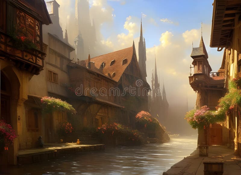 Fantasy Storybook Type Illustration of a Medieval Town Alone a River ...