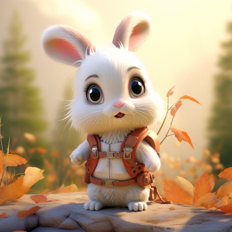 Fantasy Style Cute White Bunny in Hiking Gear with Backpack Stock ...