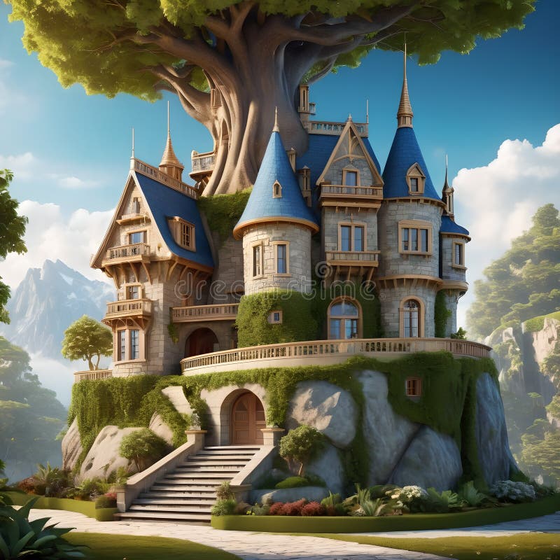 A Fantasy-style Illustration of a Castle Built on Top of a Giant Tree ...