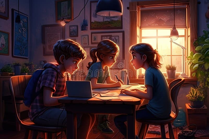 Fantasy Style Illustration of Children Doing Homework Stock ...