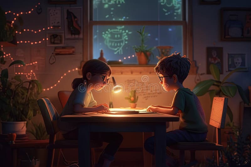 Fantasy Style Illustration of Children Doing Homework Stock ...