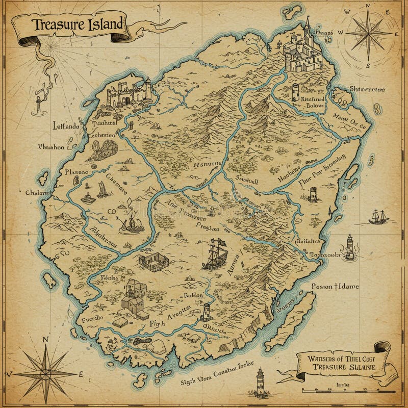 Fantasy-style Map of "Treasure Island" with Ornate Illustrations ...