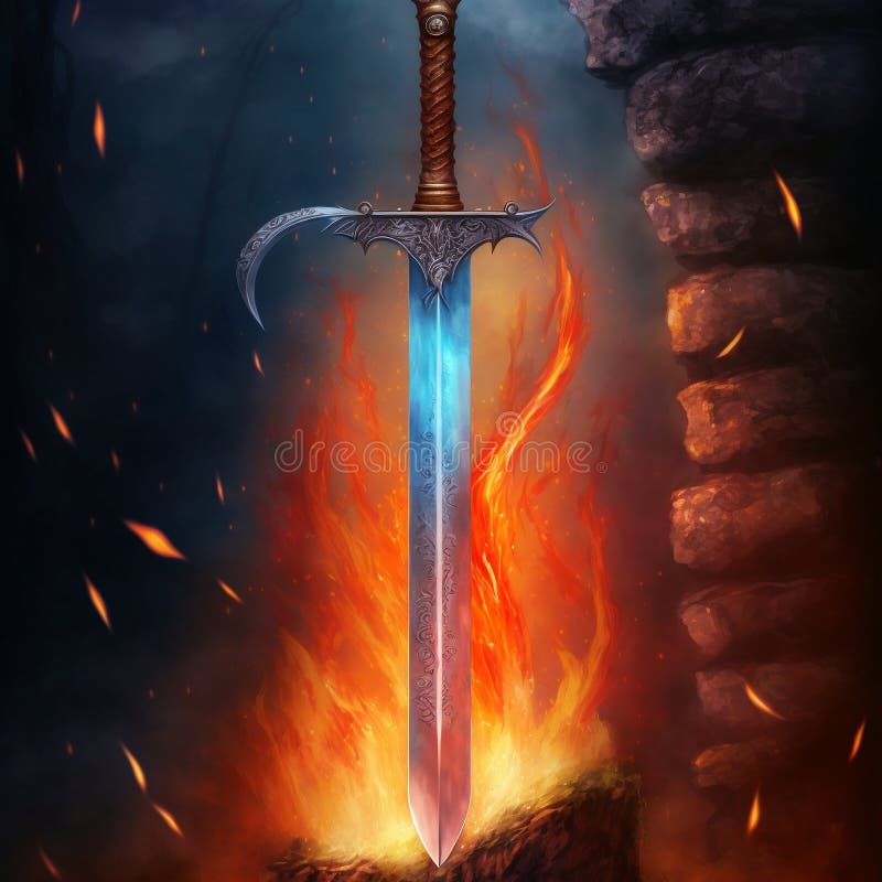 Fantasy Style Sword on Fire Stock Illustration - Illustration of forest ...