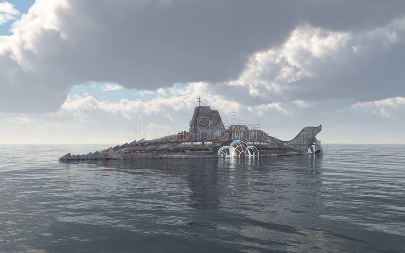 Fantasy Submarine with Giant Shark Stock Illustration - Illustration of ...