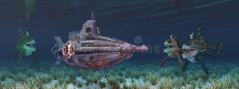 Fantasy Submarine with Giant Shark Stock Illustration - Illustration of ...