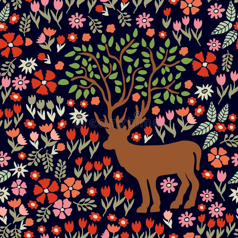 Fantasy Summer Garden with Dear and Blooming Flowers. Stock Vector ...