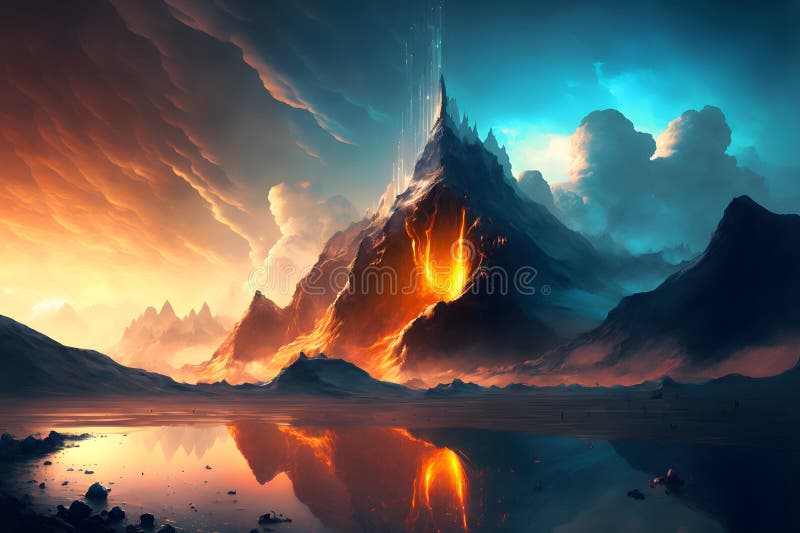 Fantasy Sunset in Mountains Stock Illustration - Illustration of ...