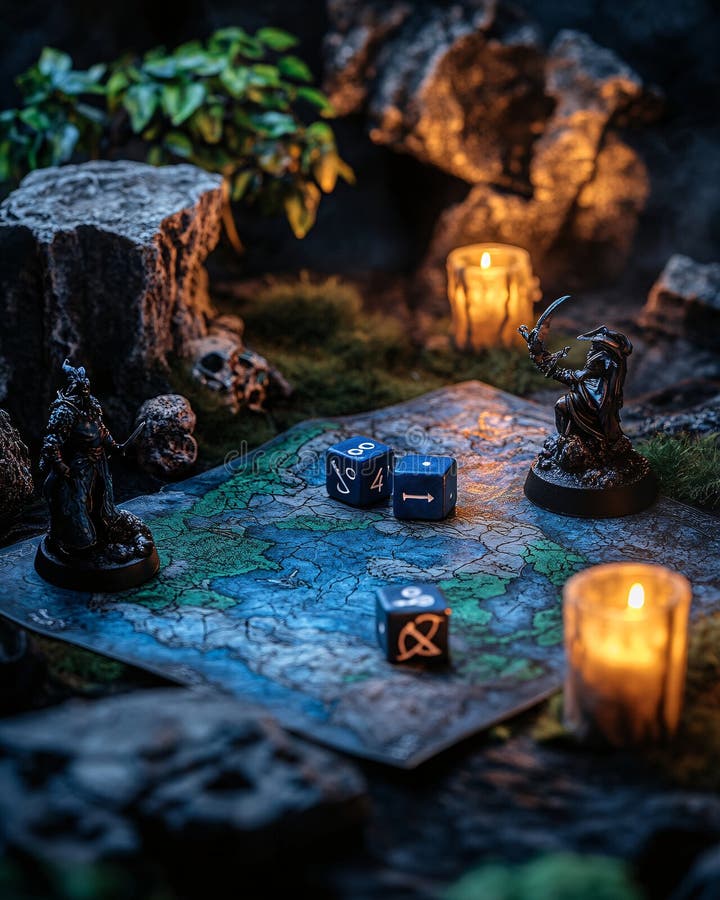 Fantasy Tabletop Game in Progress, Dice and Miniatures. Stock ...